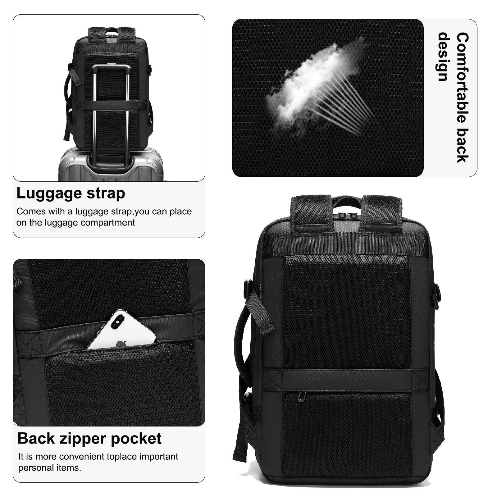 SeaChoice High Quality Black Expandable School Backpack Laptop Bag with ...