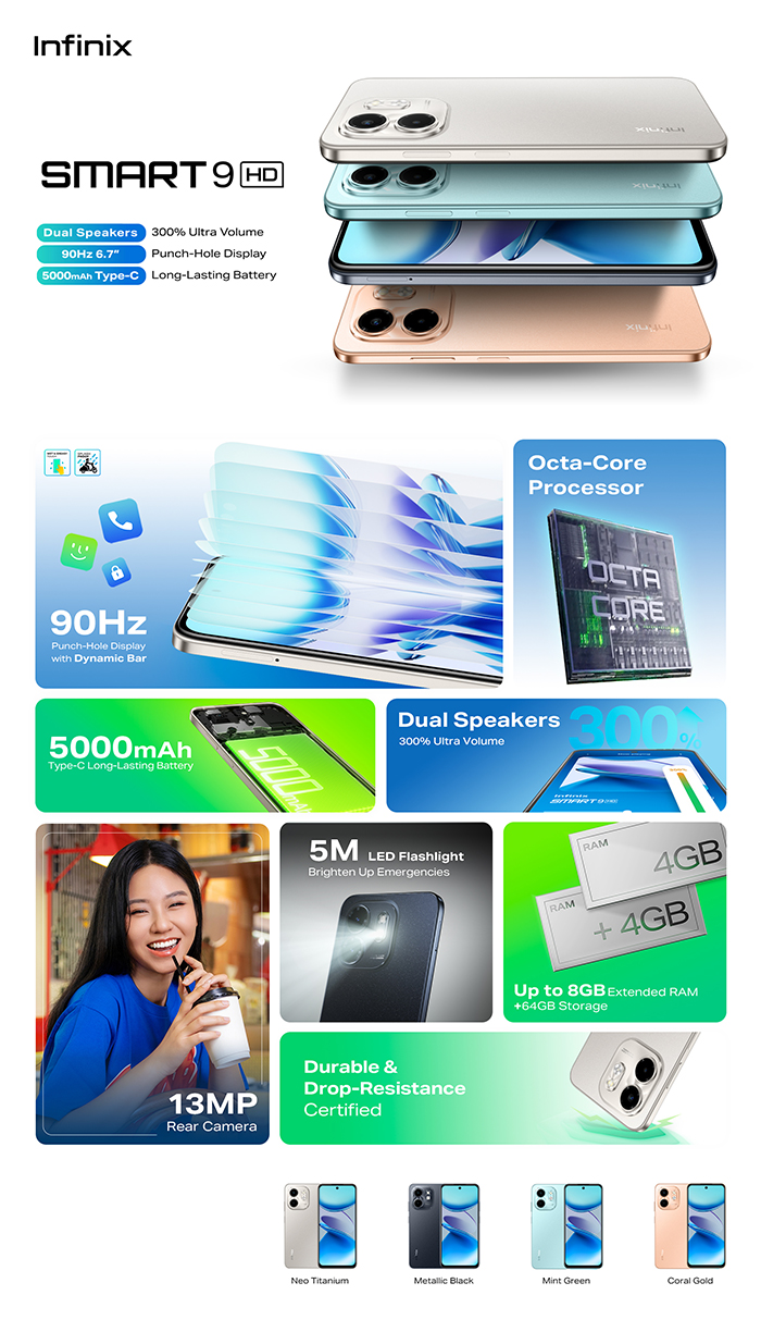 Infinix Smart 9 HD, (up to 8GB [4GB + 64GB], MTK Helio Octa-Core ...