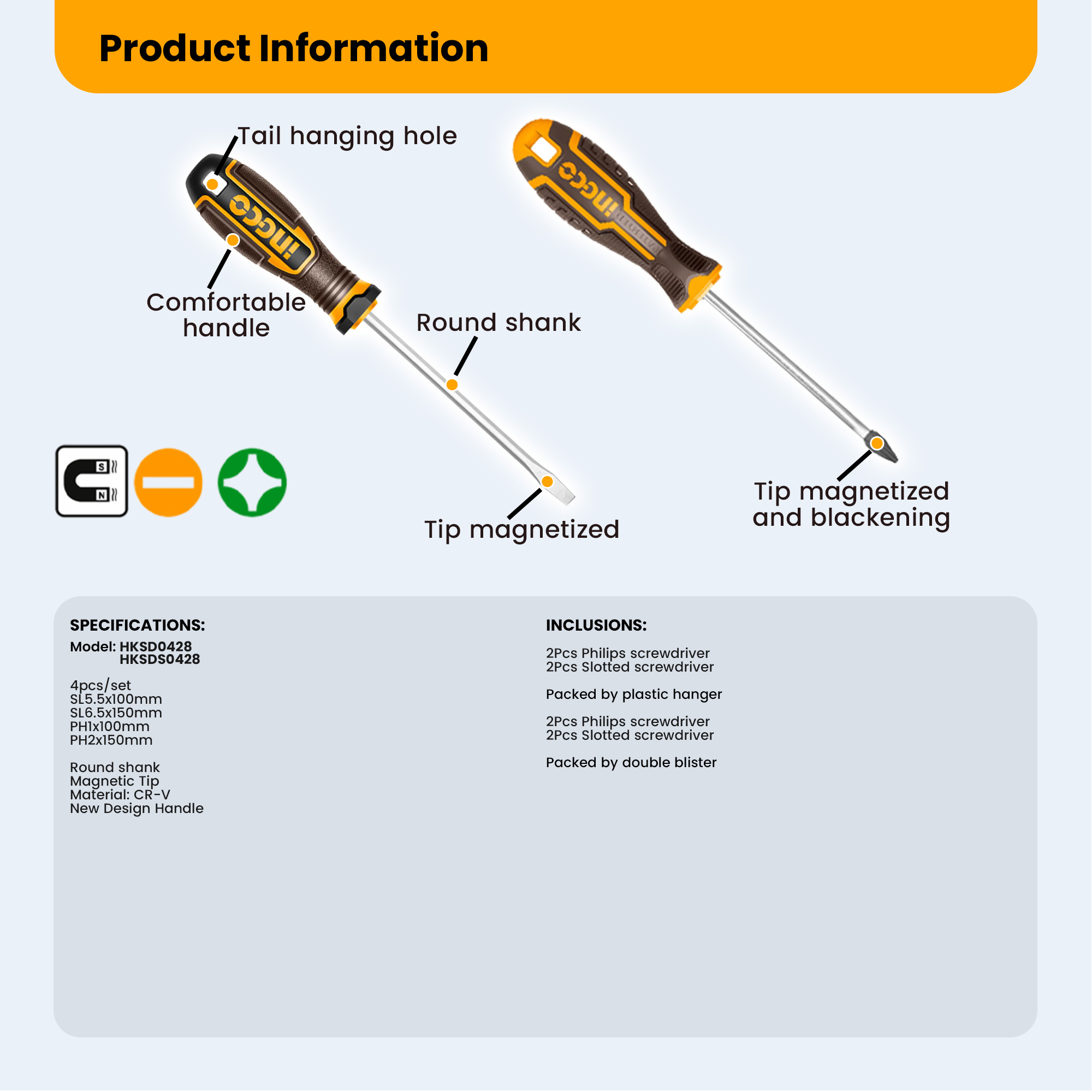 Ingco 4pcs Flat & Phillips Screwdriver Set Cr-V/S2 Steel Magnetic Tip ...