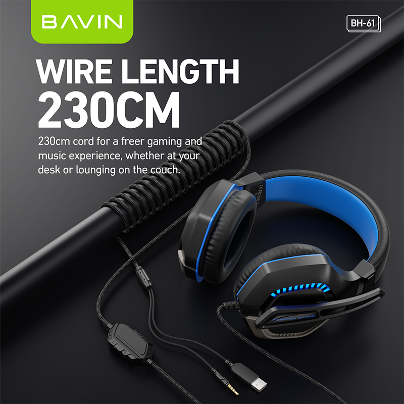 BAVIN BH61 Gaming Headphones Wired Headset w/ Blue LED Light Indicator ...