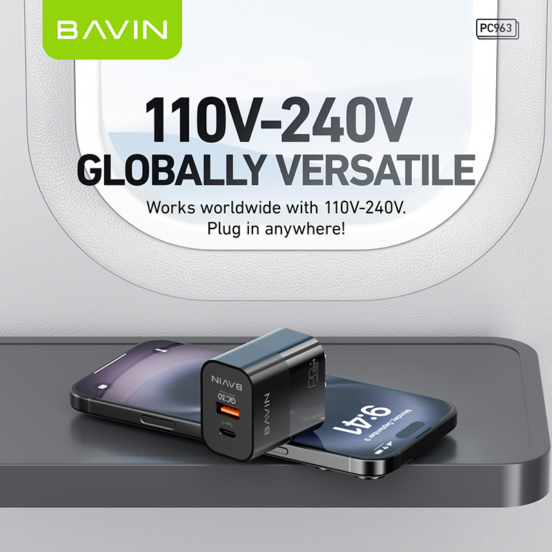 BAVIN PC963 33W PD Fast Charging AC Adapter w/ Dual Port Type-C & USB Port QC3.0 w/ 30W PD Cable ...