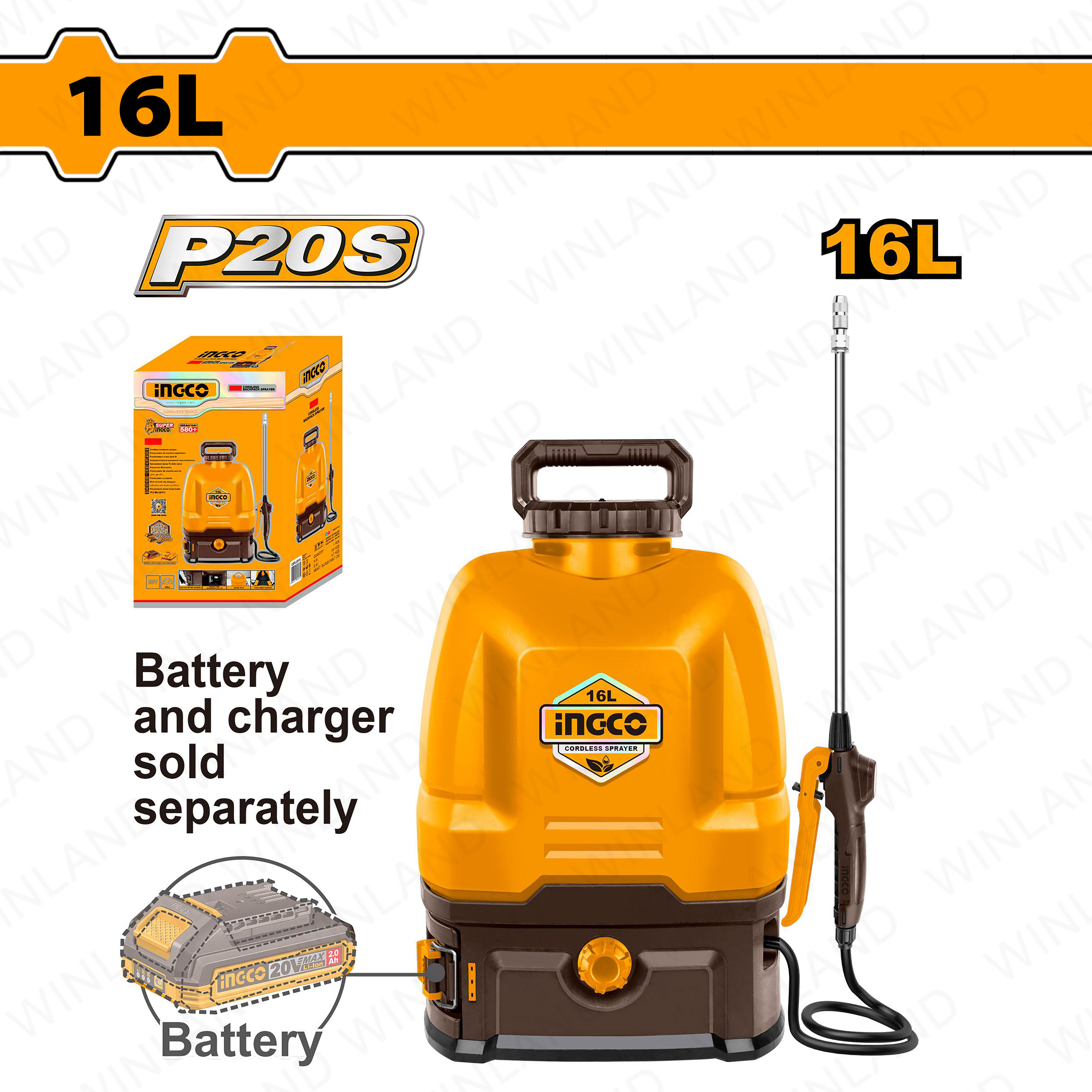 Ingco by Winland P20S/20V 16L Lithium-Ion Knapsack Garden Disinfectant ...