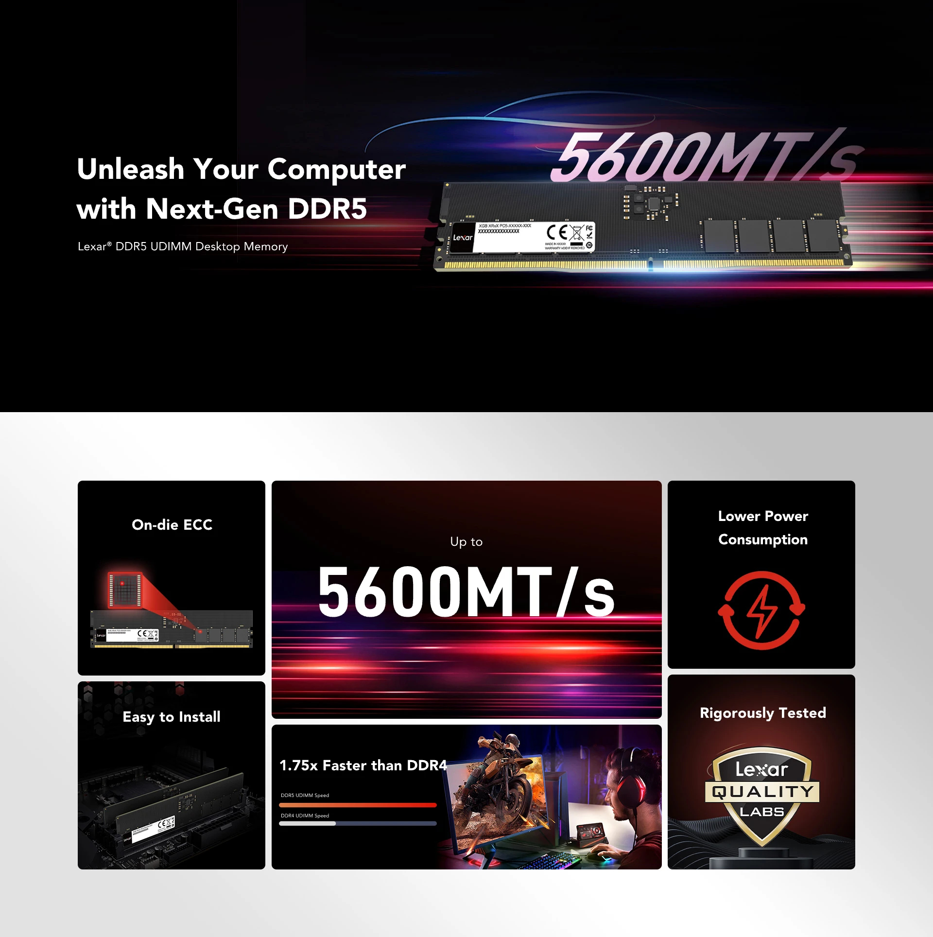 Lexar DDR5 UDIMM 8GB 5600MT/s CL46 1.1V 288-Pin RAM Desktop Memory ...