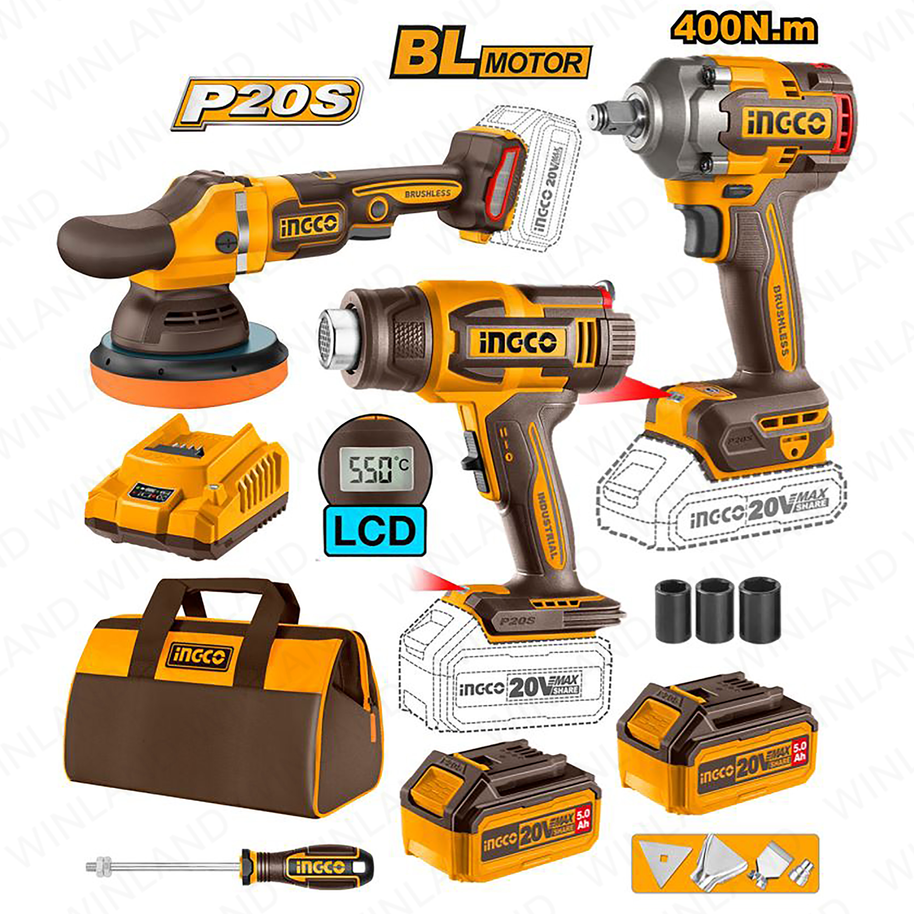 Ingco by Winland P20S/20V 3PCS Combo Kit with Lithium-Ion Cordless ...