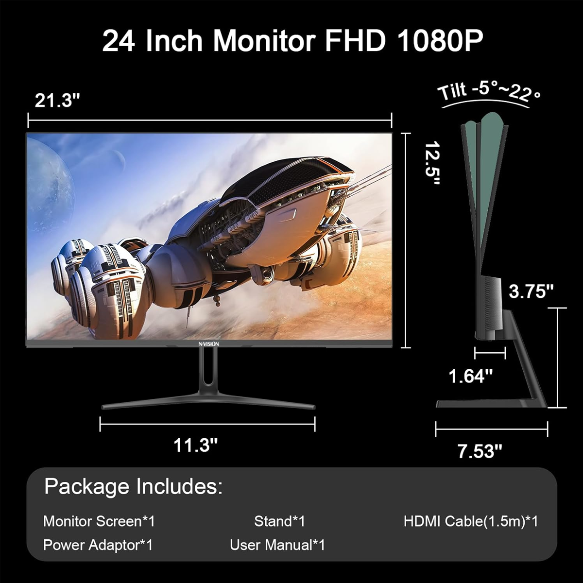 Nvision 25 Inch Monitor 100Hz FHD 1920*1080P Framless Flat Gaming ...