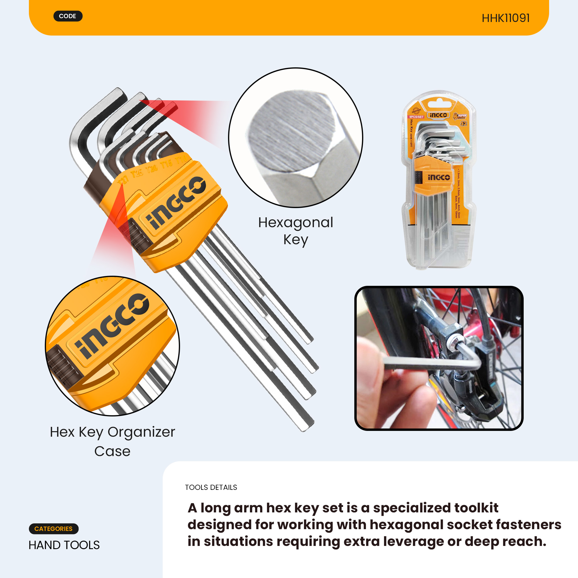 Ingco 9pcs Hex Key Set Long Arm Allen Wrench L-Type Chrome Plated ...