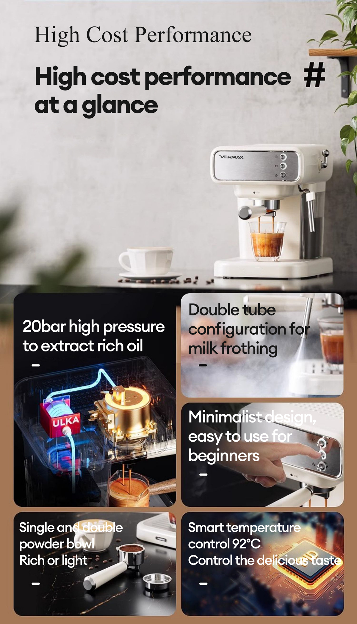 Vermax Coffee machine 950W Milk frother system 20 Bar Coffee Maker ...