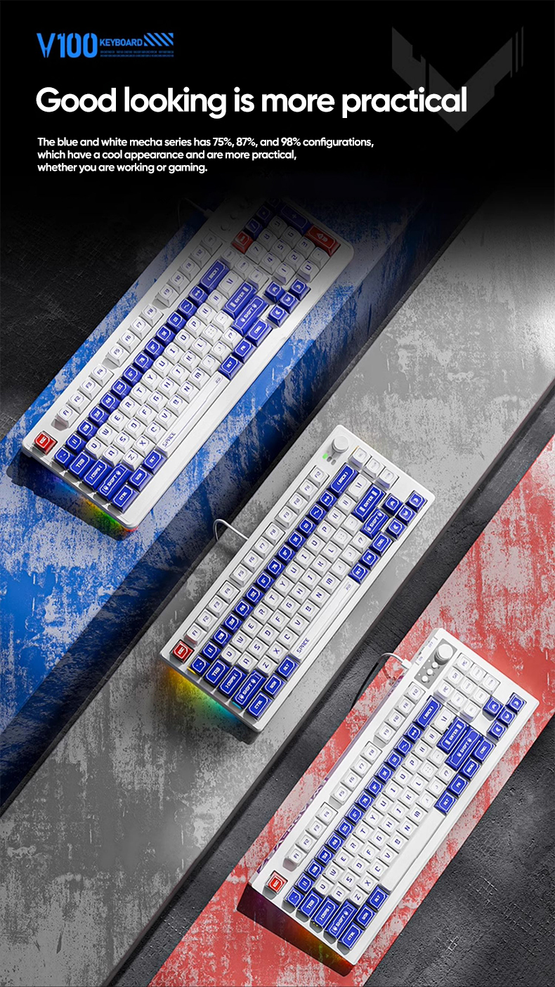 V100 98-key RGB wired keyboard with RGB lighting, mecha style design ...