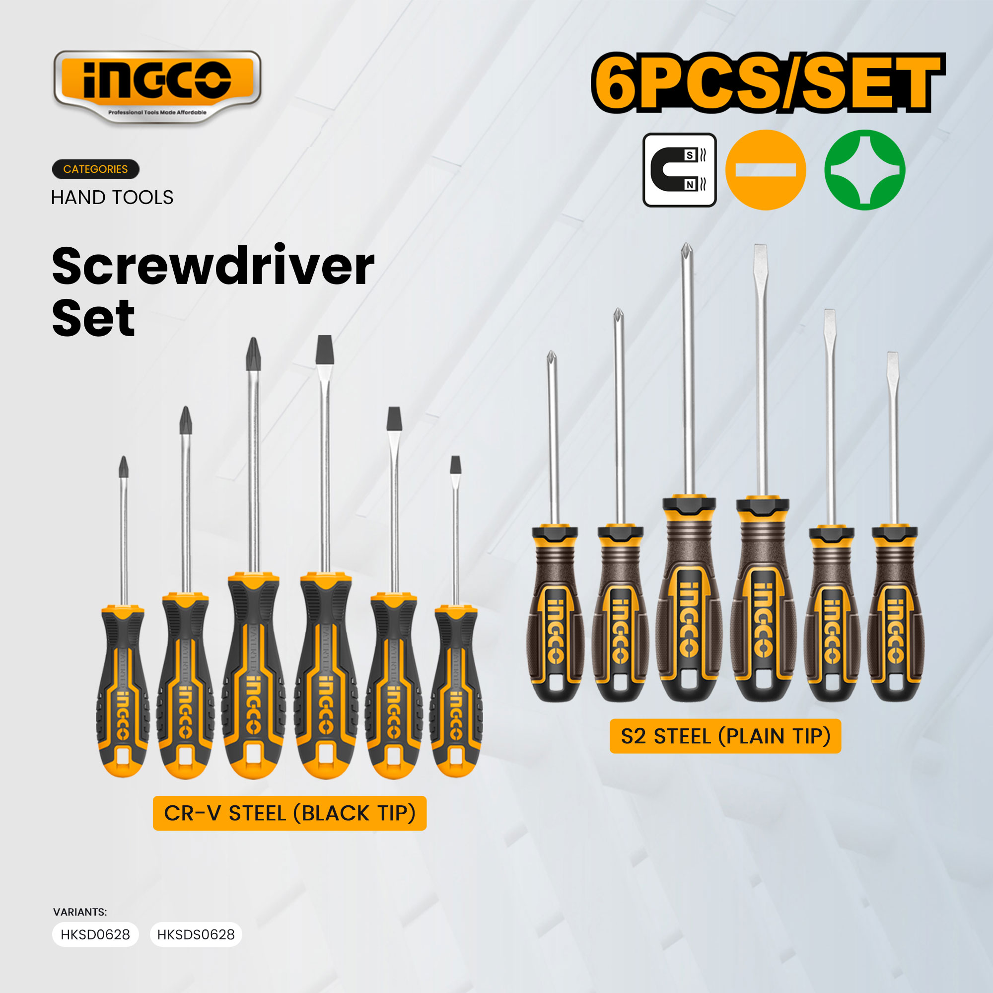 Ingco 6pcs Cr- V / S2 Magnetic Screwdriver Set Phillips & Slotted ...