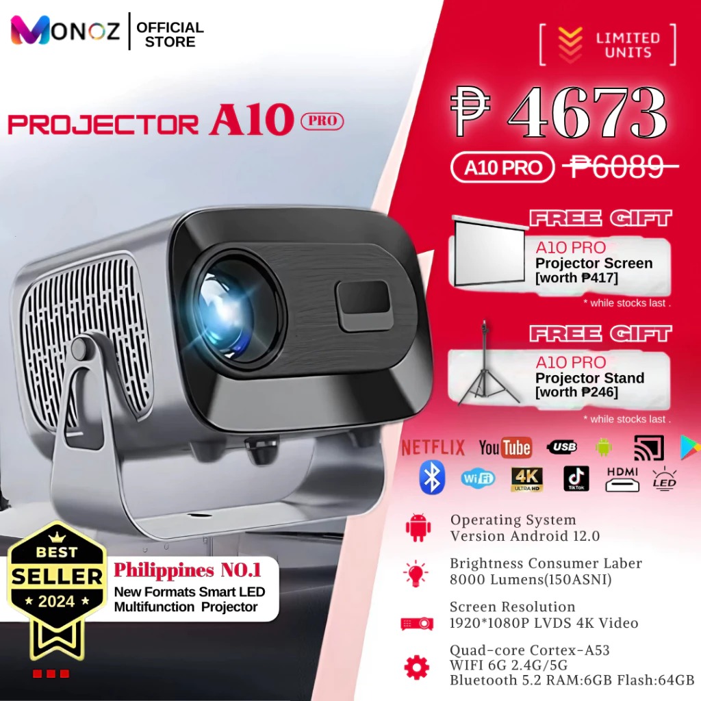 MONOZ A10 Projector Android HD 5G TOP WIFI LED Screen Mini Projector ...