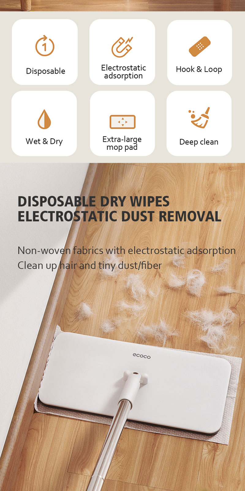 Ecoco Electrostatic Dust Removal Mop Disposable Flat Mop with Dry/Wet ...