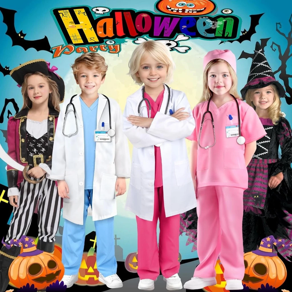 Doctor Career Costume for Kids Girls Pink Blue White Gown Nurse Uniform ...