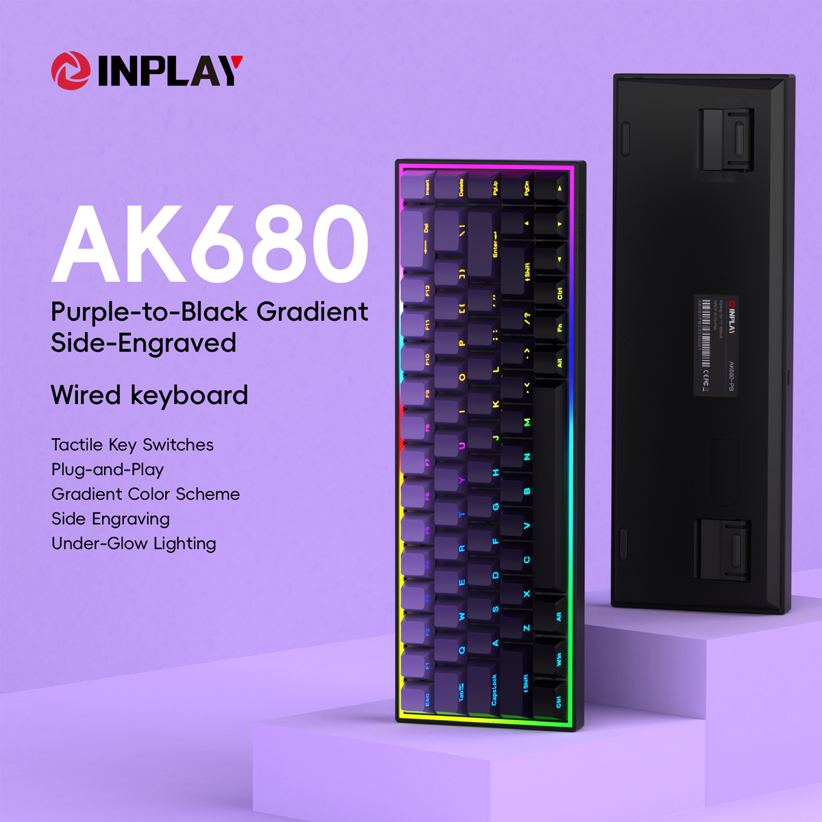 Inplay AK680 Gradient Mechanical Keyboard Side-Printed Keycaps Brown ...