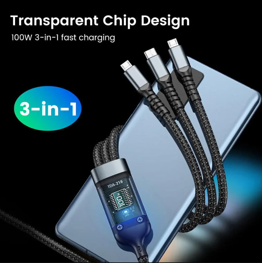 TDA-218 100W Ultra-fast Charging Line Digital Multi-function Three-in-one Charging Data Cable ...
