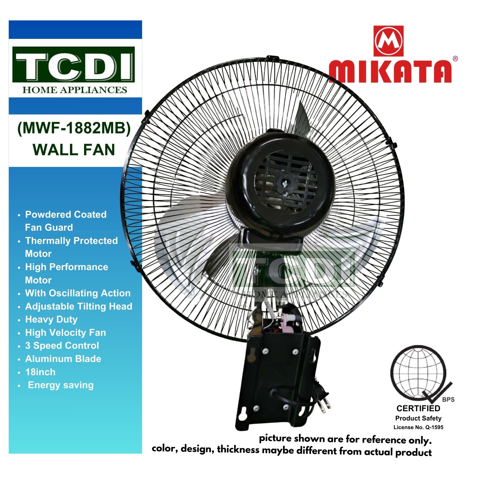 Mikata Industrial Wall Fan Electric Fan 18 inches 3 Blade Metal Aluminum Blades (MWF-1882MB ...