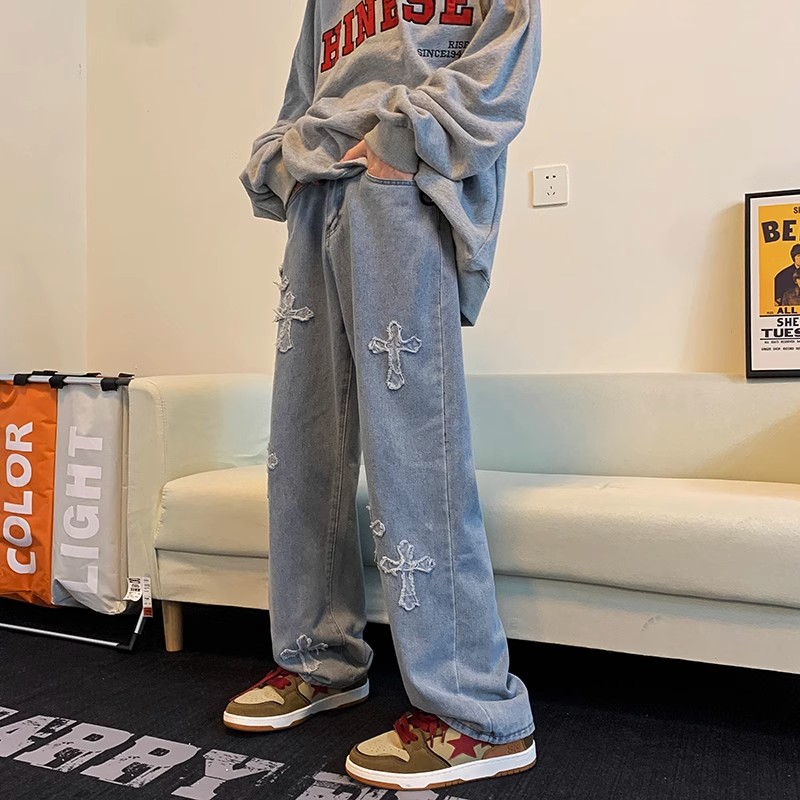 Jeans For Men Baggy Denim American Cross Printed Aesthetic Pants Washed ...
