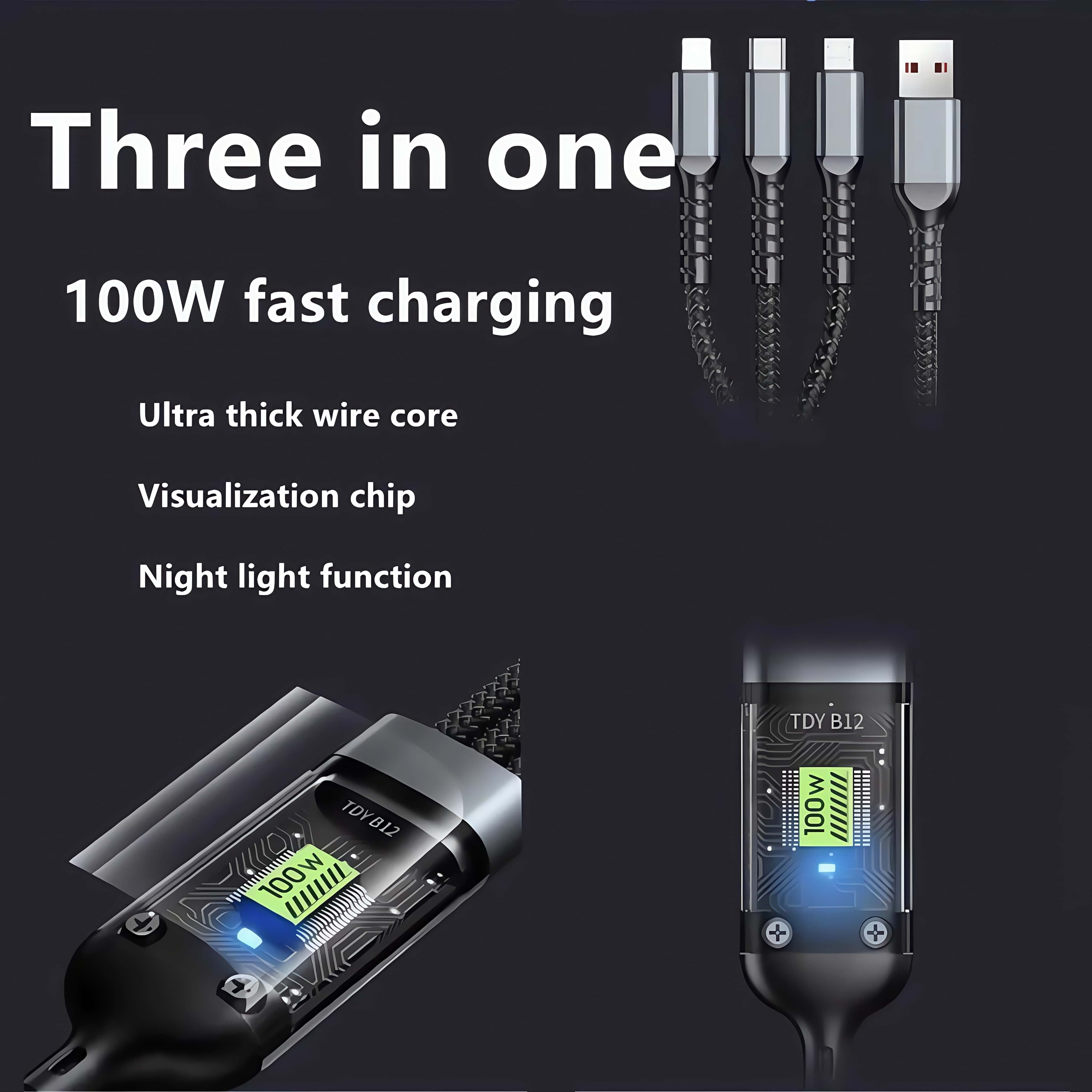 100W 3 In 1 Super Charging Cable 6A Micro Usb Type C Fast Charger Type ...