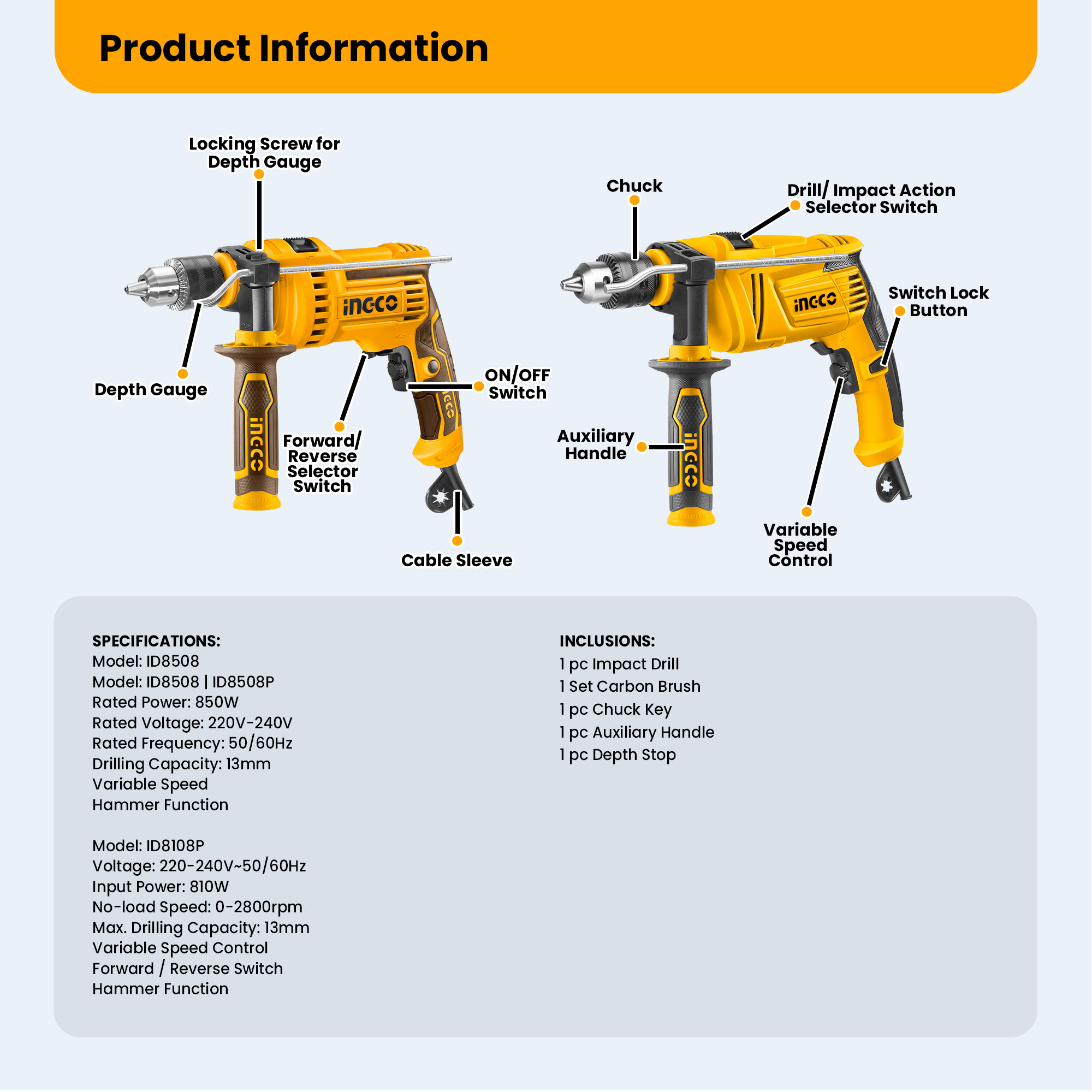 Ingco 810W/850W Impact Hammer Drill 13mm Concrete Drilling Electric ...