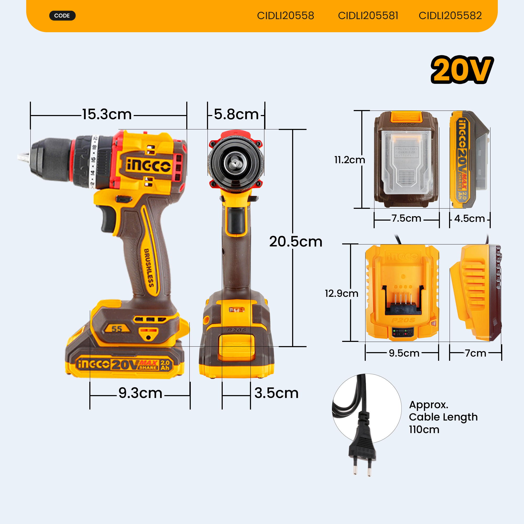 Ingco 55Nm 20V Compact Brushless Cordless Impact Hammer Drill 2-Speed ...