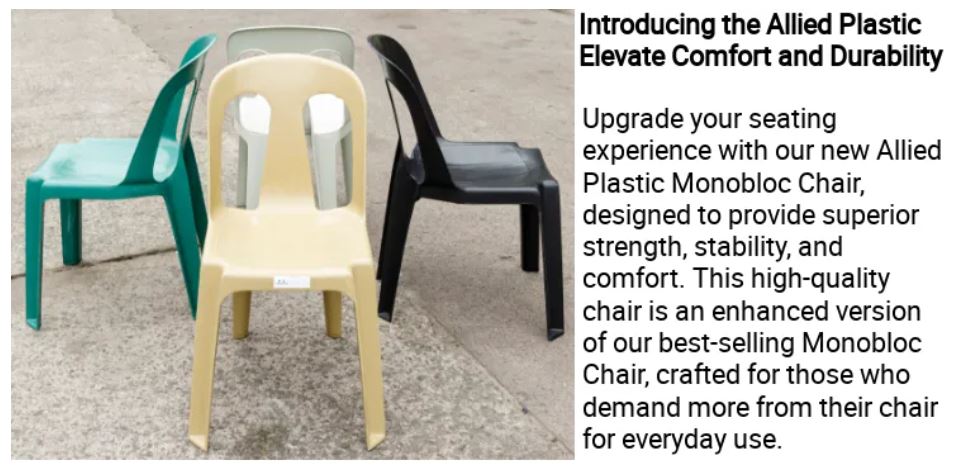 Allied Plastic Monobloc Chair Standard Full Size Robina SC-003 | Shopee ...