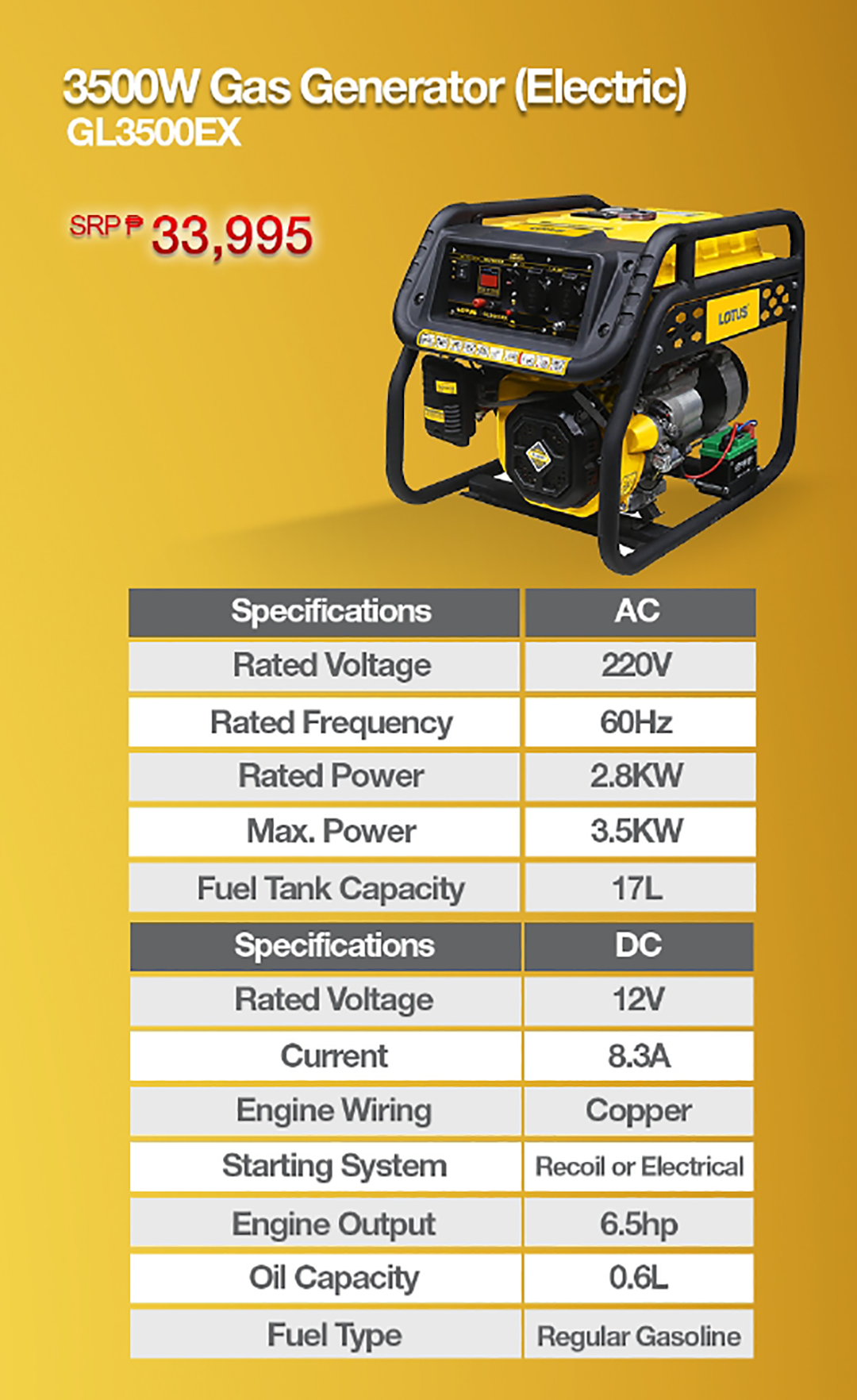 Lotus Gas Generator (ELECTRIC) 3KW GL3500EX | Shopee Philippines