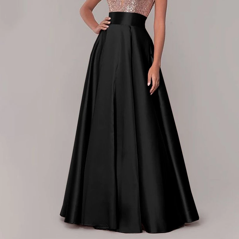 Women Street Fashion Spring Autumn High Waist A-line Satin Party Prom ...