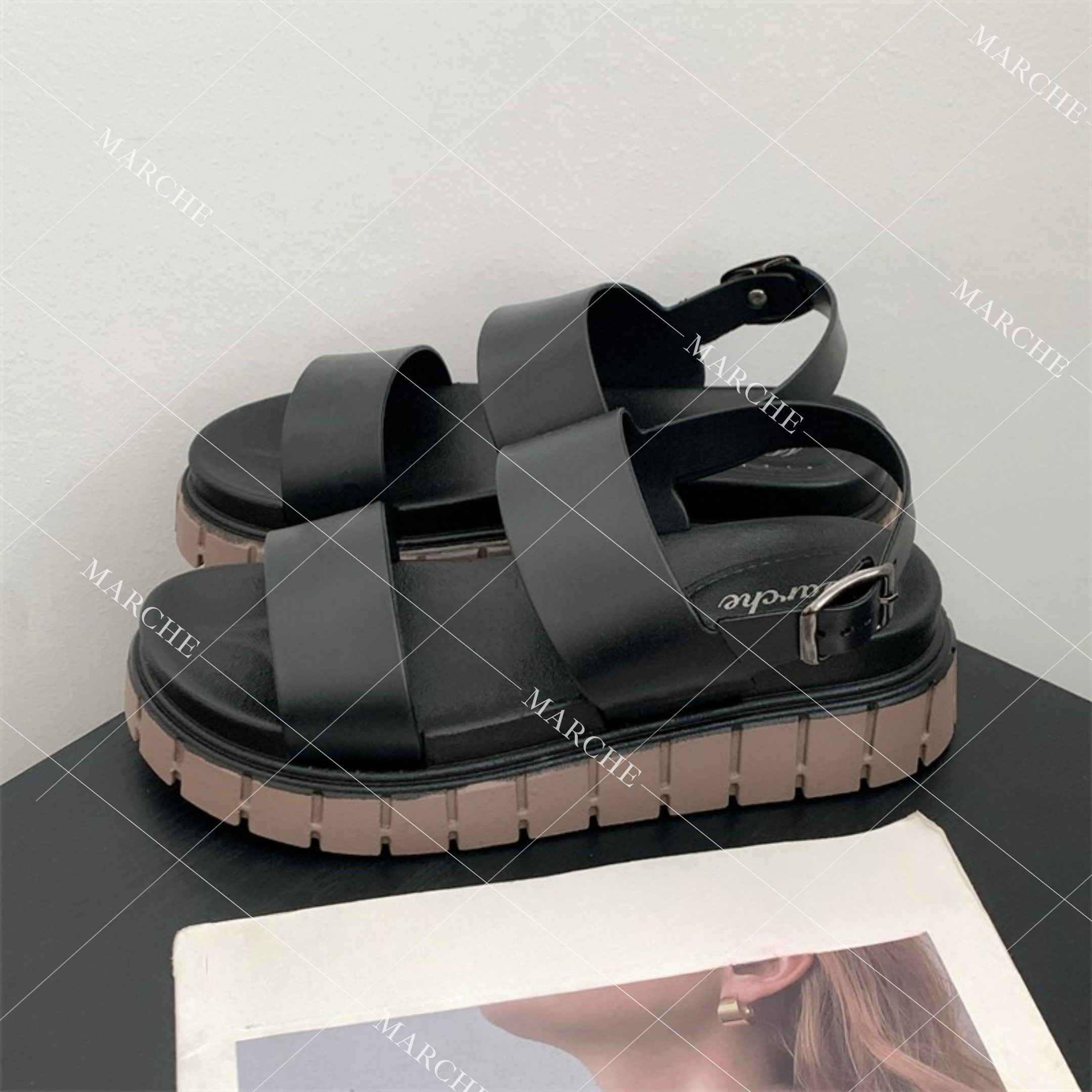 Marche New Thick-Soled Two Strap Slope Heel with Adjustable Buckle ...