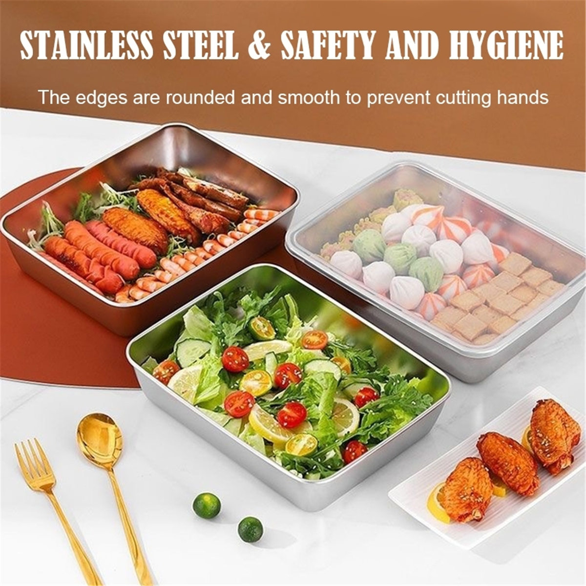 304 Stainless Steel tray with lid Food storage Organizer Food Container ...