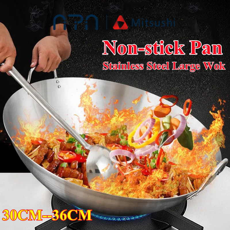 Nipiin【Big Size】38/43/50cm Stainless Steel Wok Raging Fire Stove Frying ...