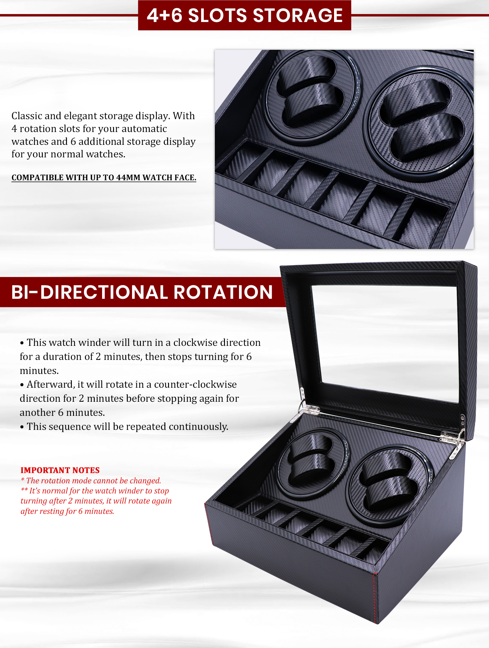 4 Slots Automatic Watch Winder Bi-directional Rotation Watch Box with 6 ...