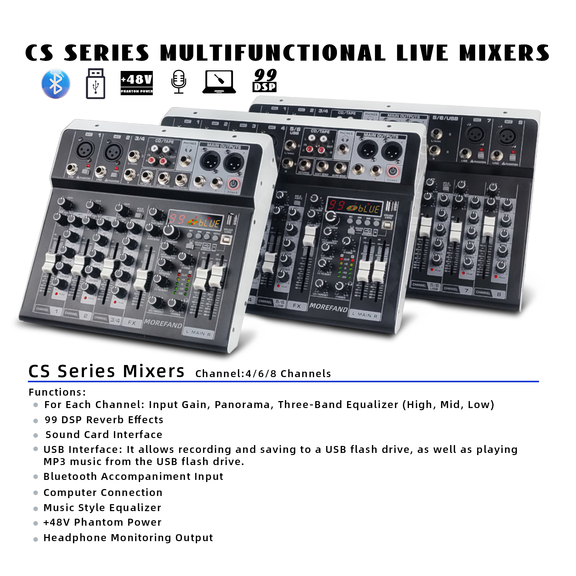 Audio mixer 4/6/8 channel mixer Bluetooth amplifier mixer equalizer ...