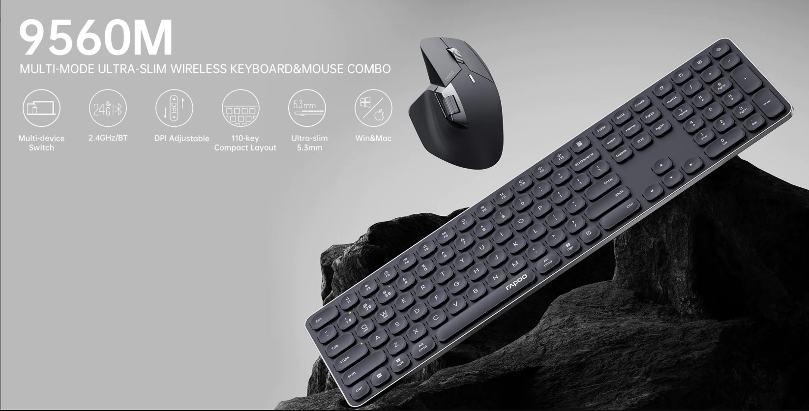 Rapoo 9560M Multi-Mode Wireless Optical Mouse & Keyboard US - Dark Grey ...
