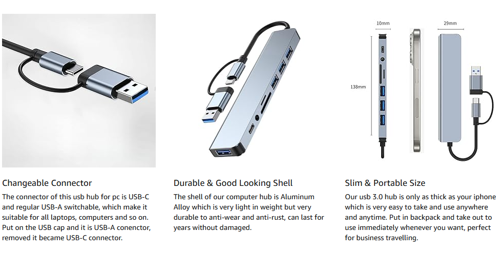 USB C Hub USB Splitter 8-in-1 USB Extender with 4 USB Port 1 USBC Jack ...