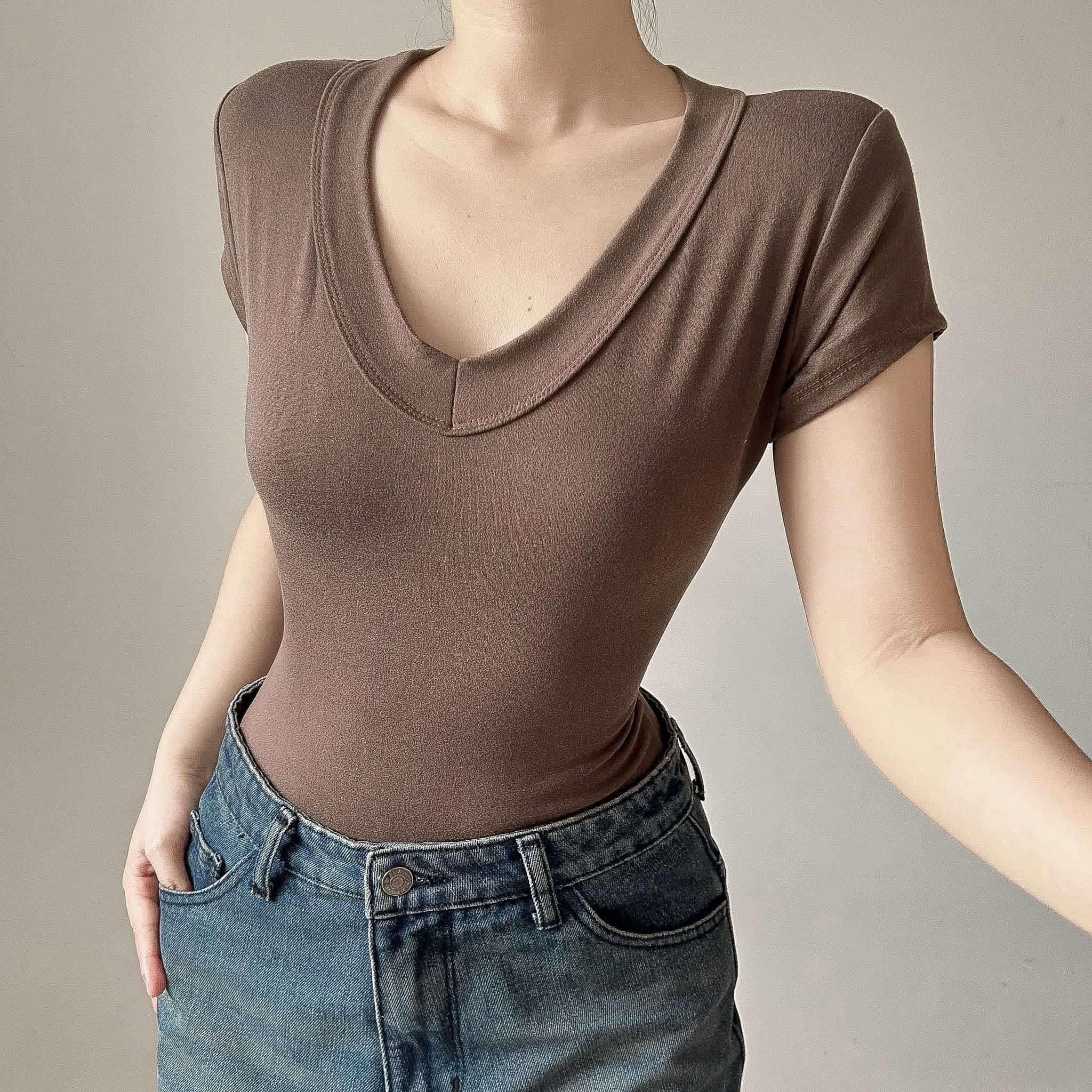 V-neck Top for Women Short Sleeve T-Shirt Basic Body Hugging Top Double ...