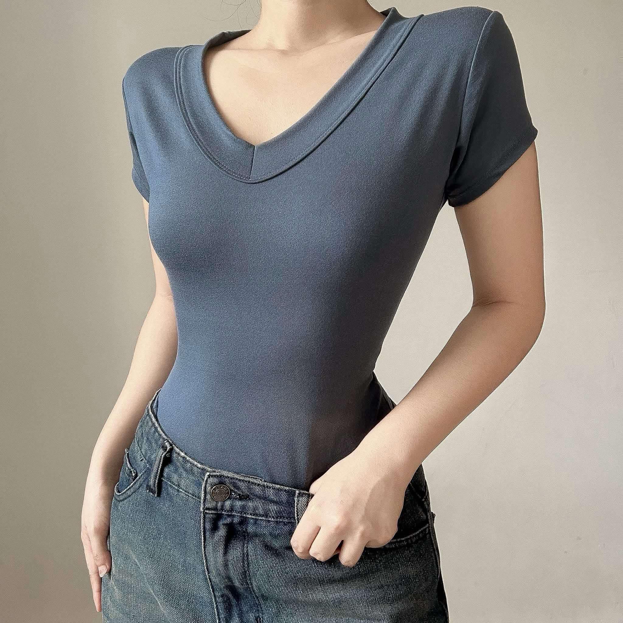 V-neck Top for Women Short Sleeve T-Shirt Basic Body Hugging Top Double ...