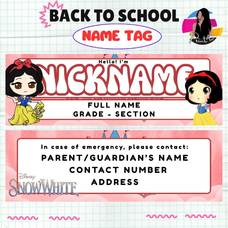 NameTag Disney Princess Laminated nameplate-Cinderella,Snow white ...