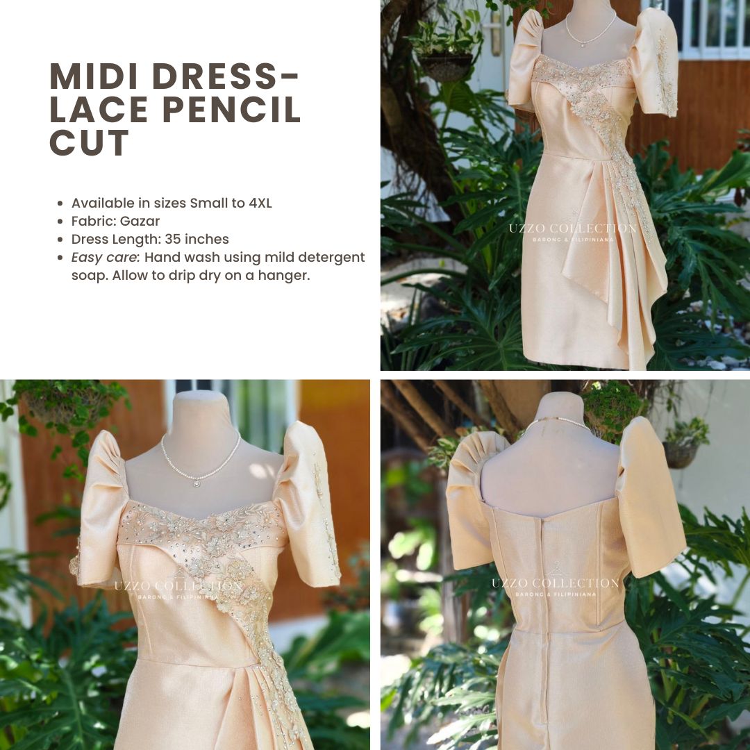 UZZO Elegant Modern Filipiniana 3D Lace Metallic Beads Midi Formal ...