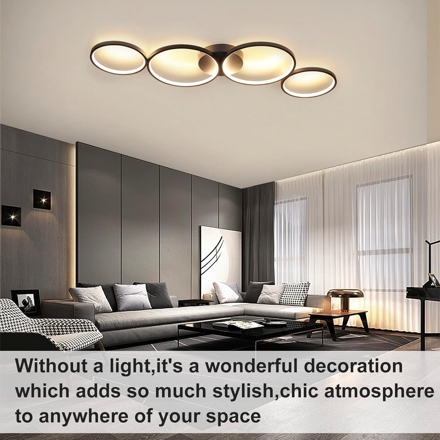 LED Ceiling Light Chandelier Black 4 Rings Tri-Color Ceiling Lamp for ...