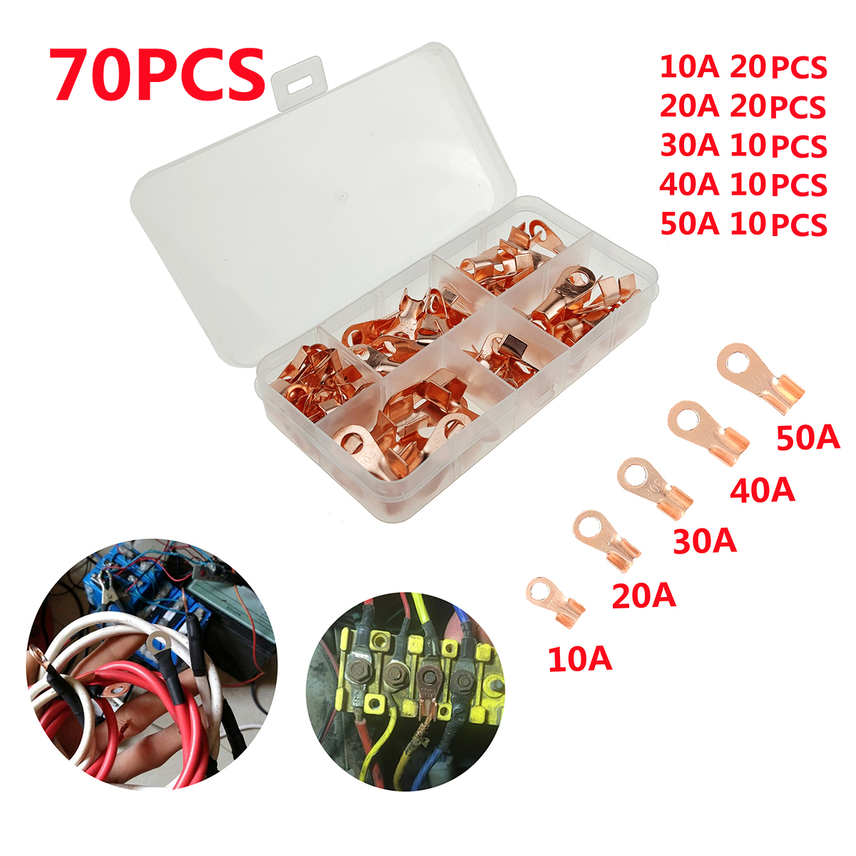 70pcs Copper Battery Cable Connectors 10A-50A OT Type Copper Open Lug ...