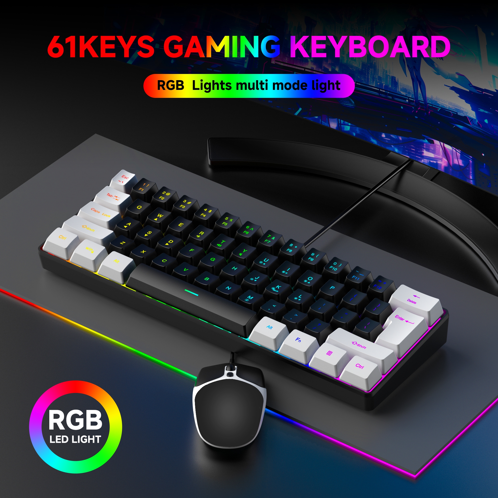 61-key RGB Membrane Keyboard Set Colorful MINI Black And White Gaming ...