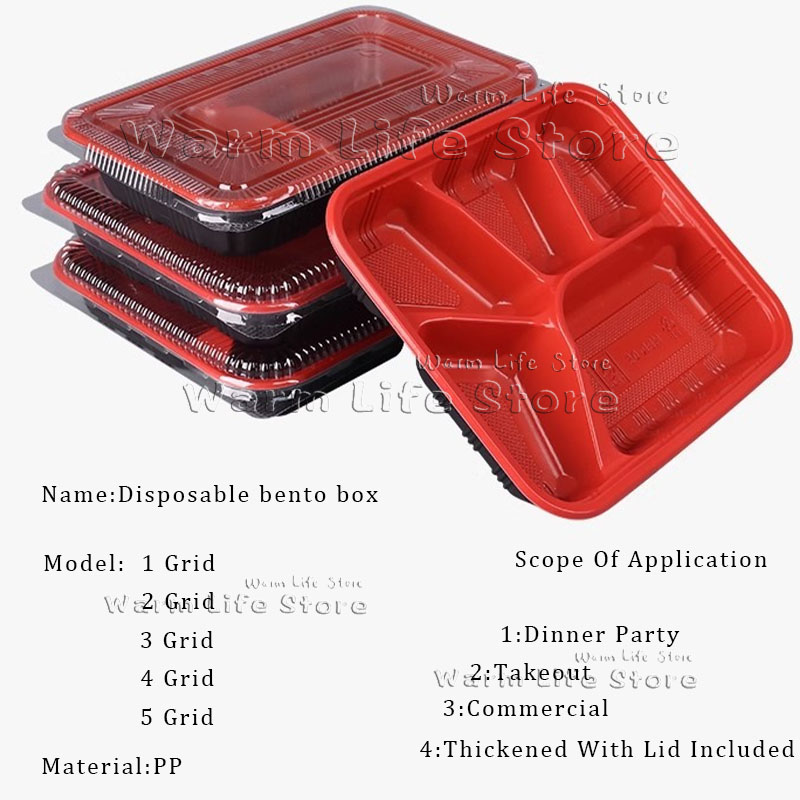 100PCS Thick Red Bento Box with Lid 1/2/3/4/5 Grid Divided Takeout ...