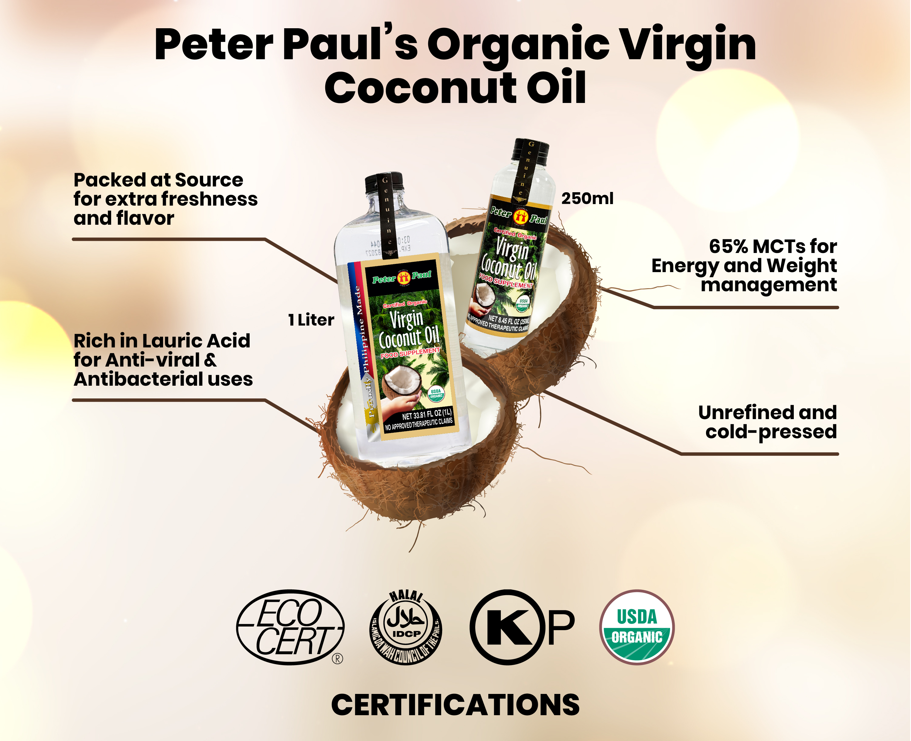 PETER PAUL Organic Virgin Coconut Oil VCO Food Supplement 250ML, 6-pcs ...