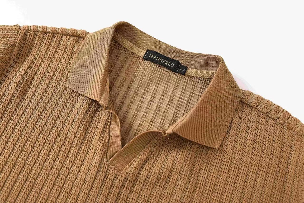 Mannered Men's V-Neck Spread Collar Polo Shirts Hollow Out Design ...