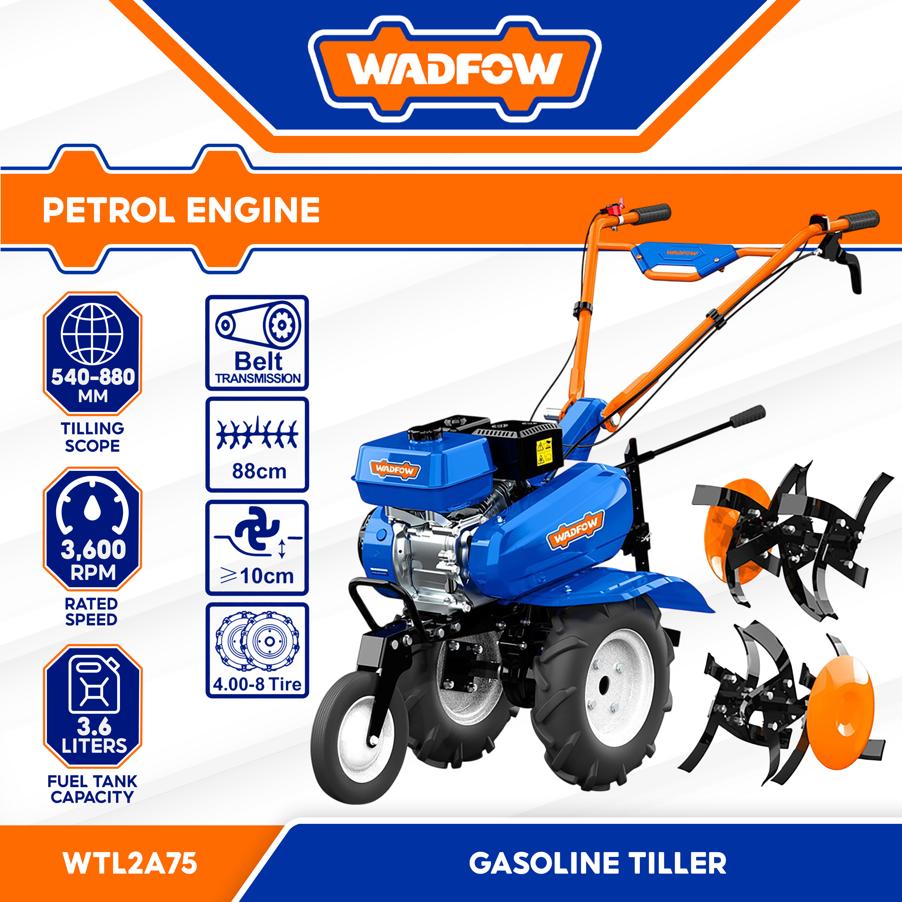 Wadfow by Winland 170F(7.0HP) Gasoline Engine Agricultural 3-Wheel Tiller Cultivator WTL2A75 WAD ...