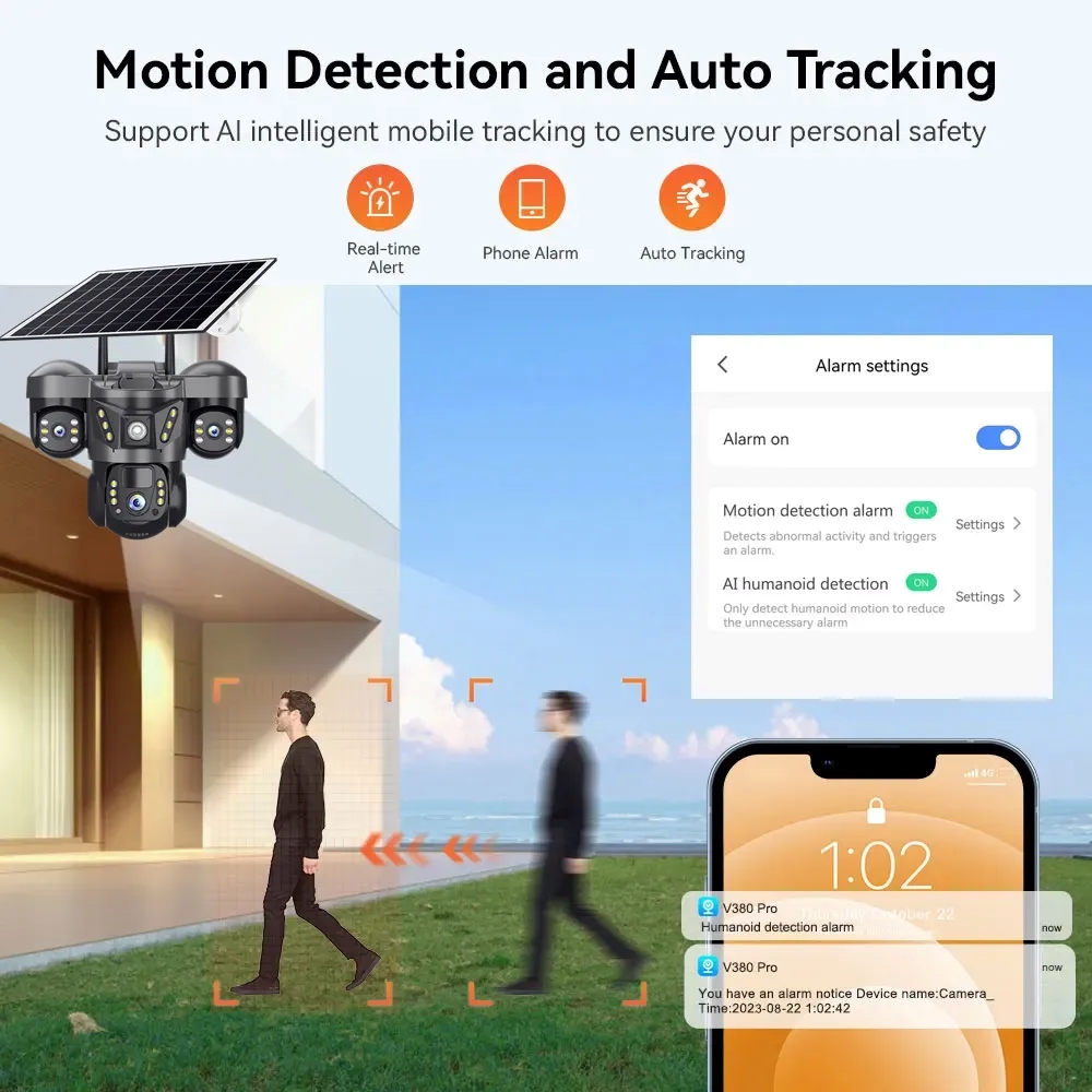 V380 15MP HD Outdoor 4G Solar Camera Three Lens CCTV Night Vision PIR ...