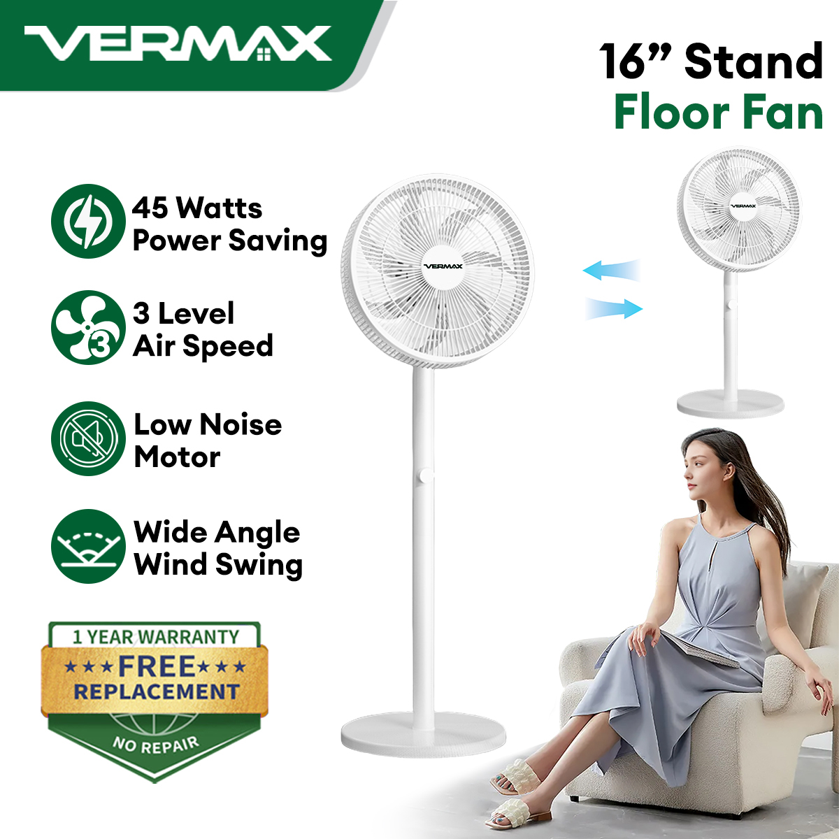 Vermax Electric Fan 16 Inch Adjusted Height Stand Fan Strong Wind ...