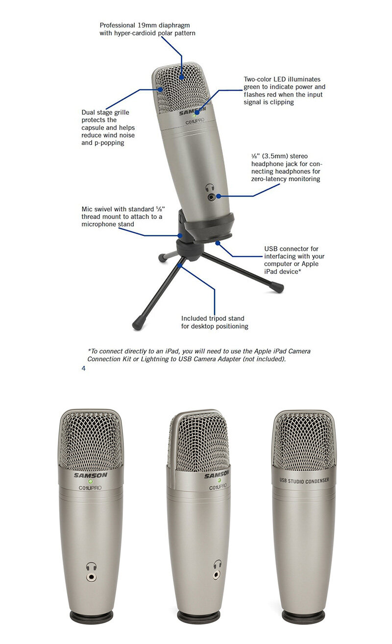 Samson C01U PRO USB Condenser Recording Microphone Mic Large Diaphragm ...