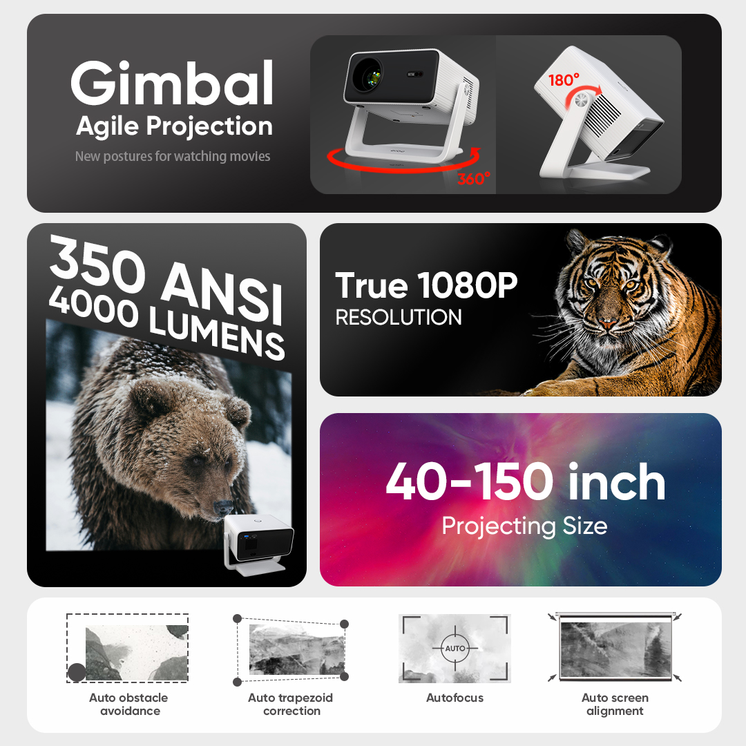 Eroc Flip Gimbal Projector 360° Angle 1080P Full HD 4K Decoding Android ...
