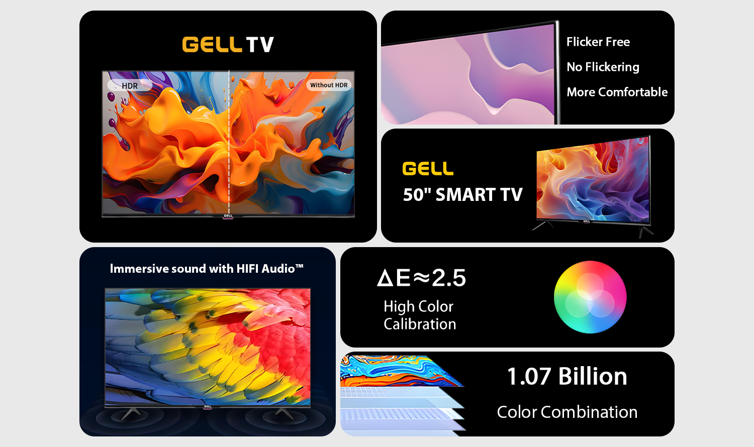 GELL 50 Inches Smart TV Flat Screen TV Android TV Frameless Ultra-Slim ...