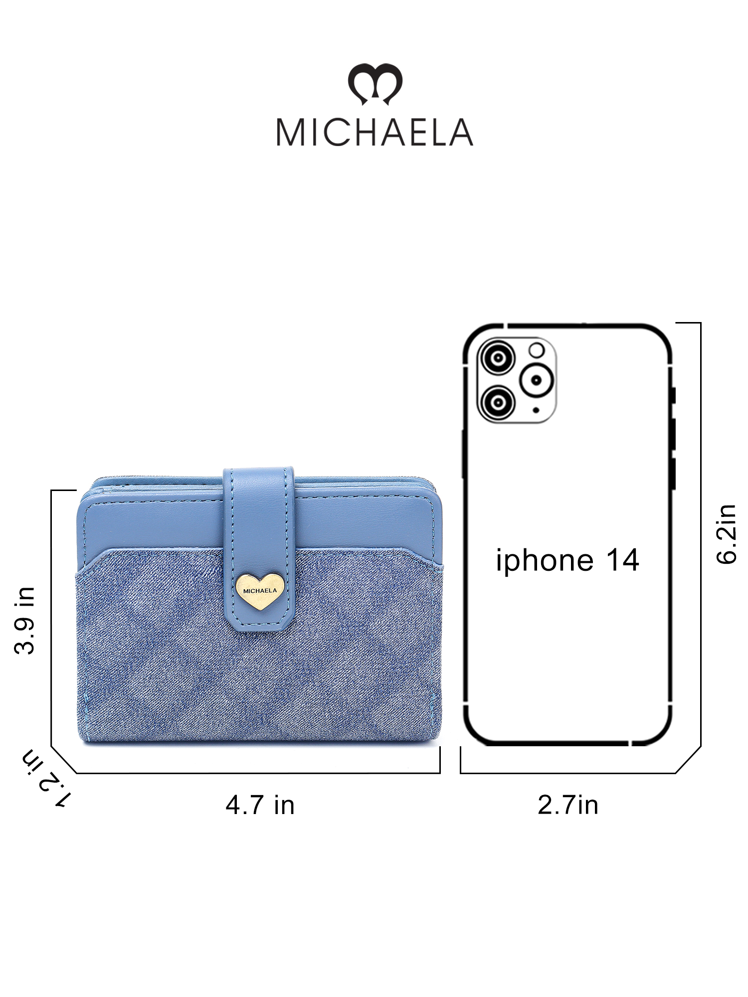 MICHAELA Checkered Denim Short Wallet Bronze Heart Snap Efficient Cards ...